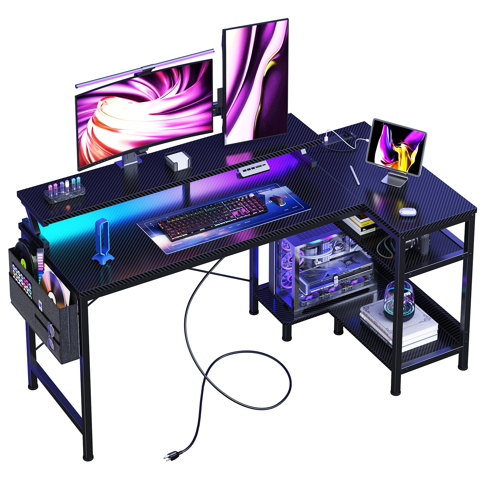 CONCETTA 40" L Shaped Gaming Desk with USB Charging, LED Lights, Power